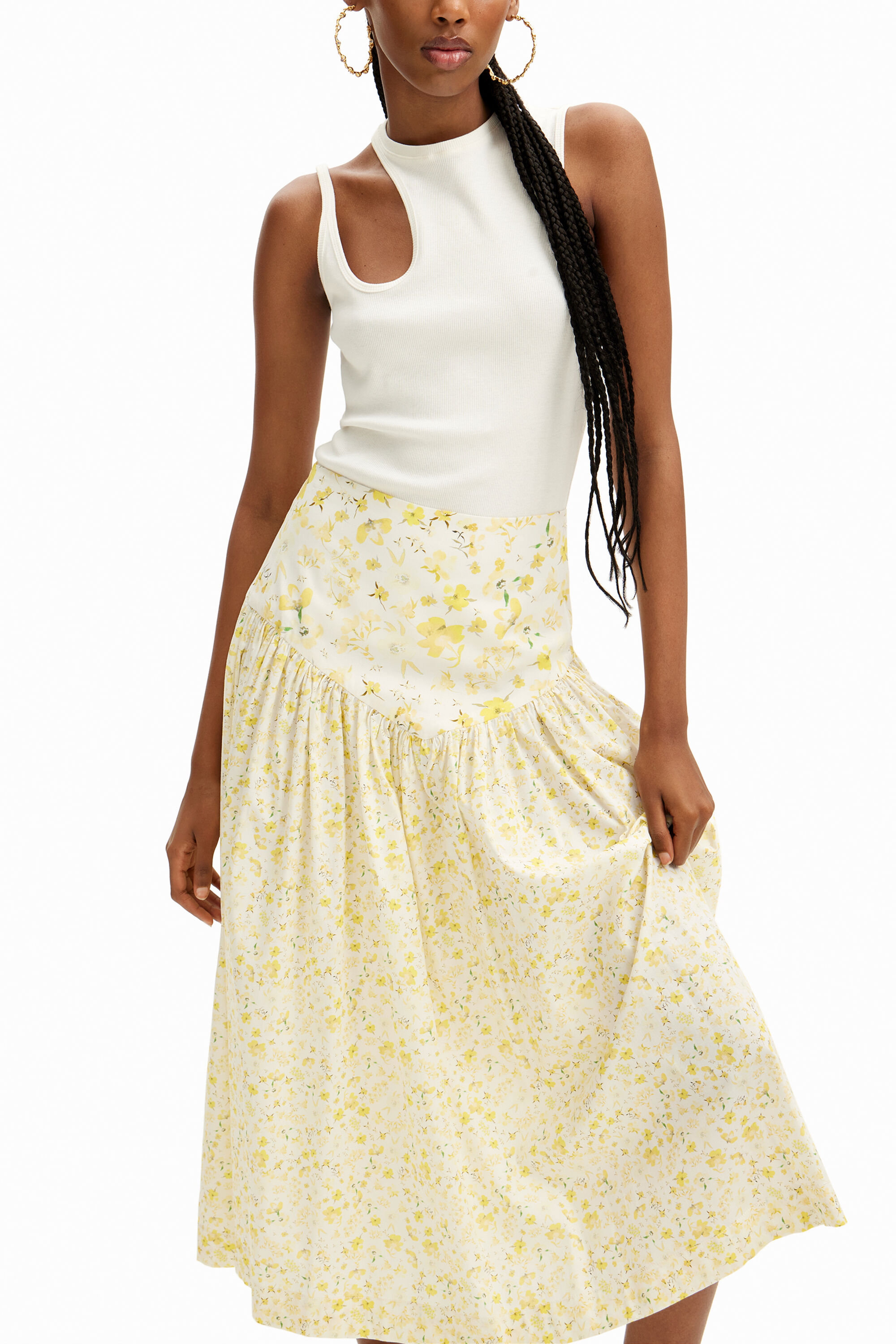 Floral ruffle midi skirt